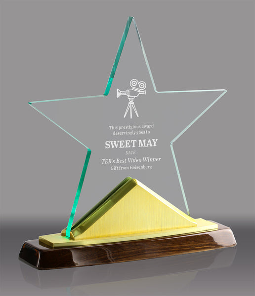 Jade Acrylic Star on Walnut Piano-Finished Base [A578] – Trophy Depot